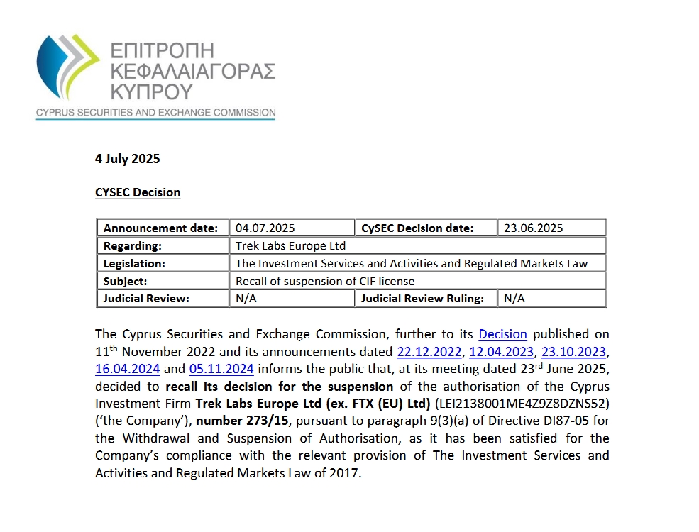 CySEC Says Former FTX EU Now Trek Labs Meets Compliance, Lifts Suspension