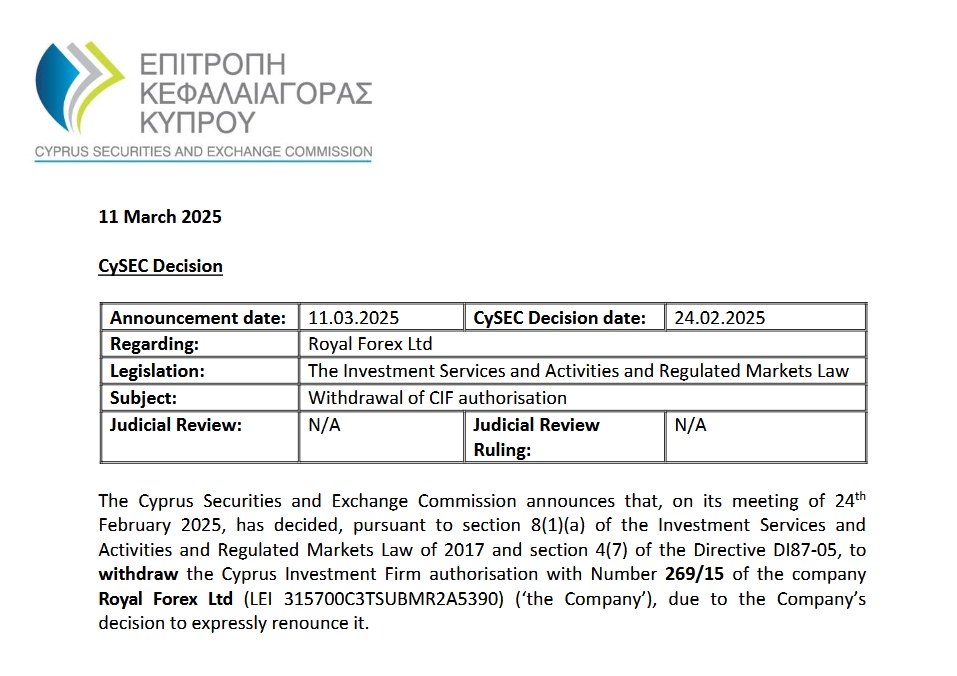 CySEC Withdraws Royal Forex License: Reinforces CIF Compliance Under EU ...