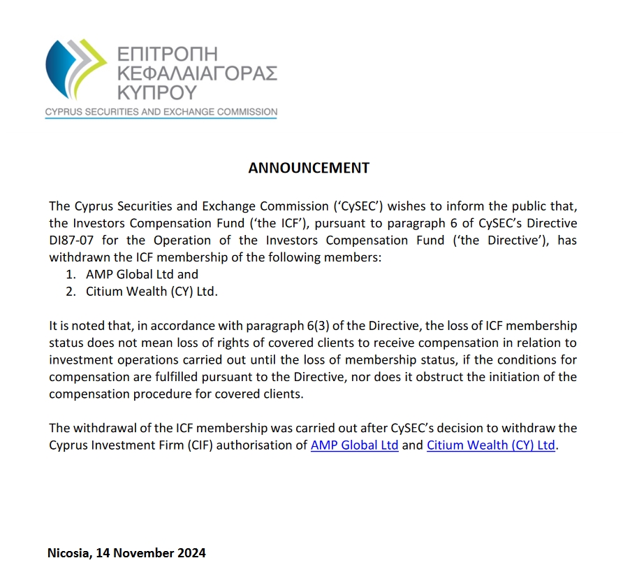 CySEC Removes AMP Global from ICF Following CIF Authorization Withdrawal