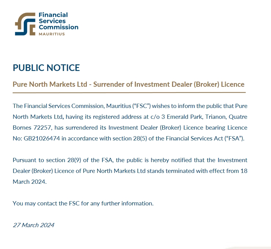 FSC Mauritius Announces Termination of Pure North Markets’ Broker License