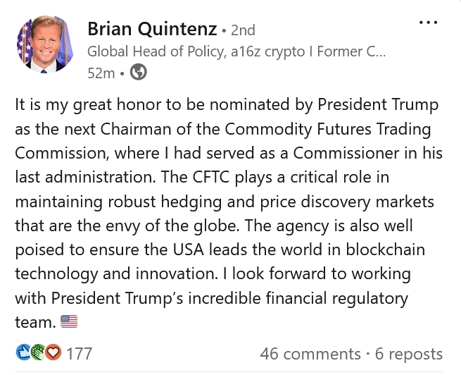 Trump Nominates Former Commissioner Brian Quintenz for CFTC Chair Role